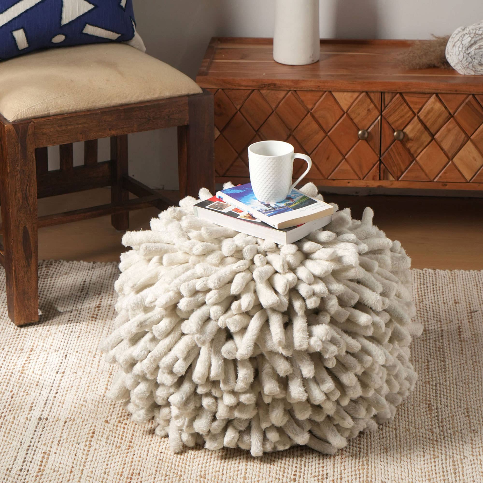 Luxe Lounge Pouf - Handmade White Shaggy Round Foot Stool – ExpoBazaar